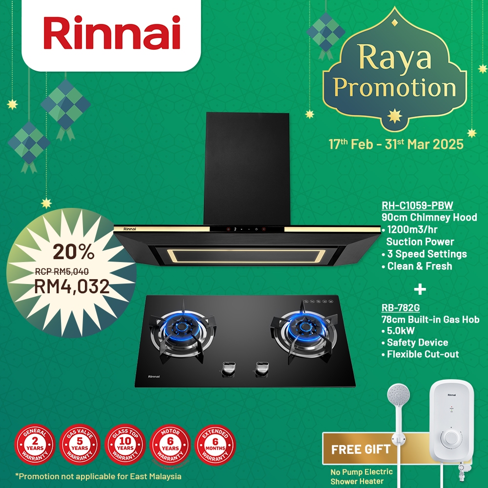 Rinnai Cooker Hood (90cm) RH-C1059-PBW + Built-in Gas Hob (78cm) RB-782G | Shopee Malaysia