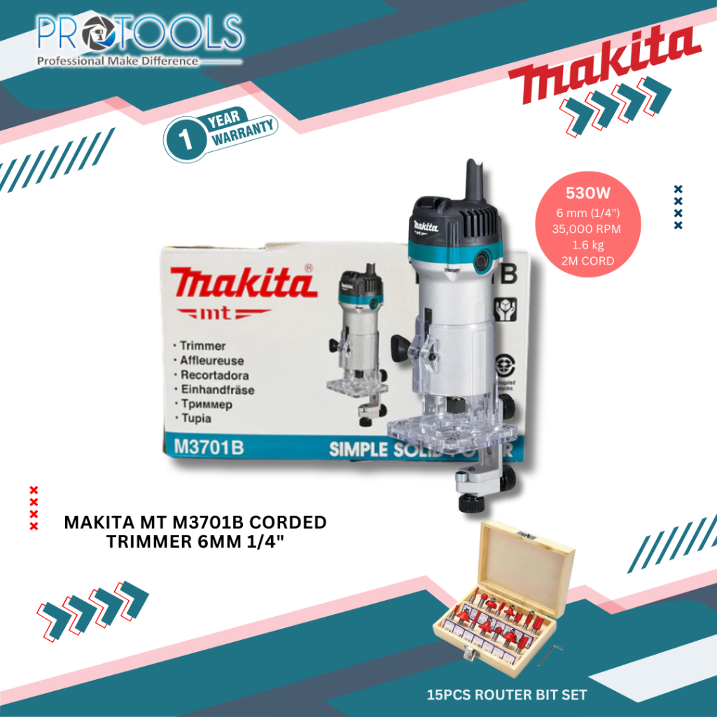 MAKITA M3701B CORDED TRIMMER 1/4" 6MM FOC TOOLS KIT/15PCS ROUTER BIT ...
