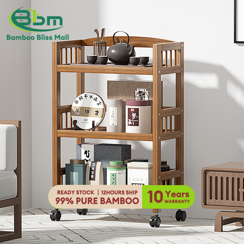 BBM Bamboo Moving Rack With Wheels Storage Shelf Kitchen Rack Cart ...
