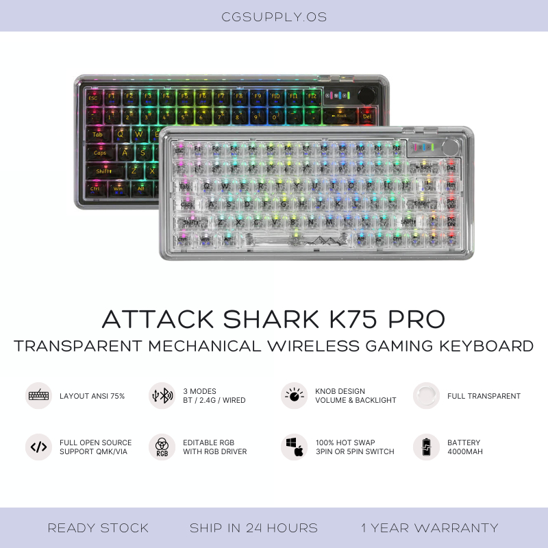 Attack Shark K75 Pro Transparent Mechanical Wireless Gaming Keyboard ...