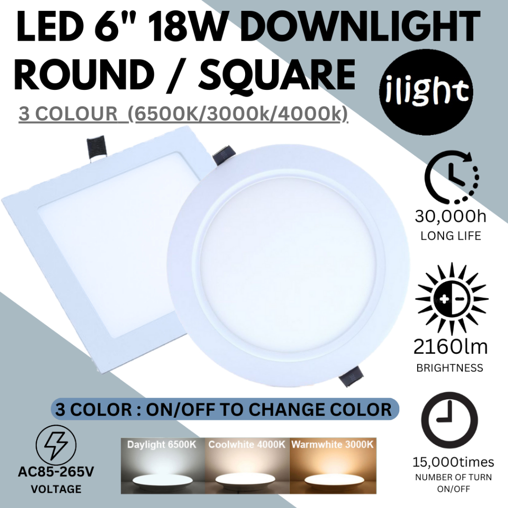 3 Color 18W LED Downlight 6 Inches Square Round Downlight 6500K 3000K ...