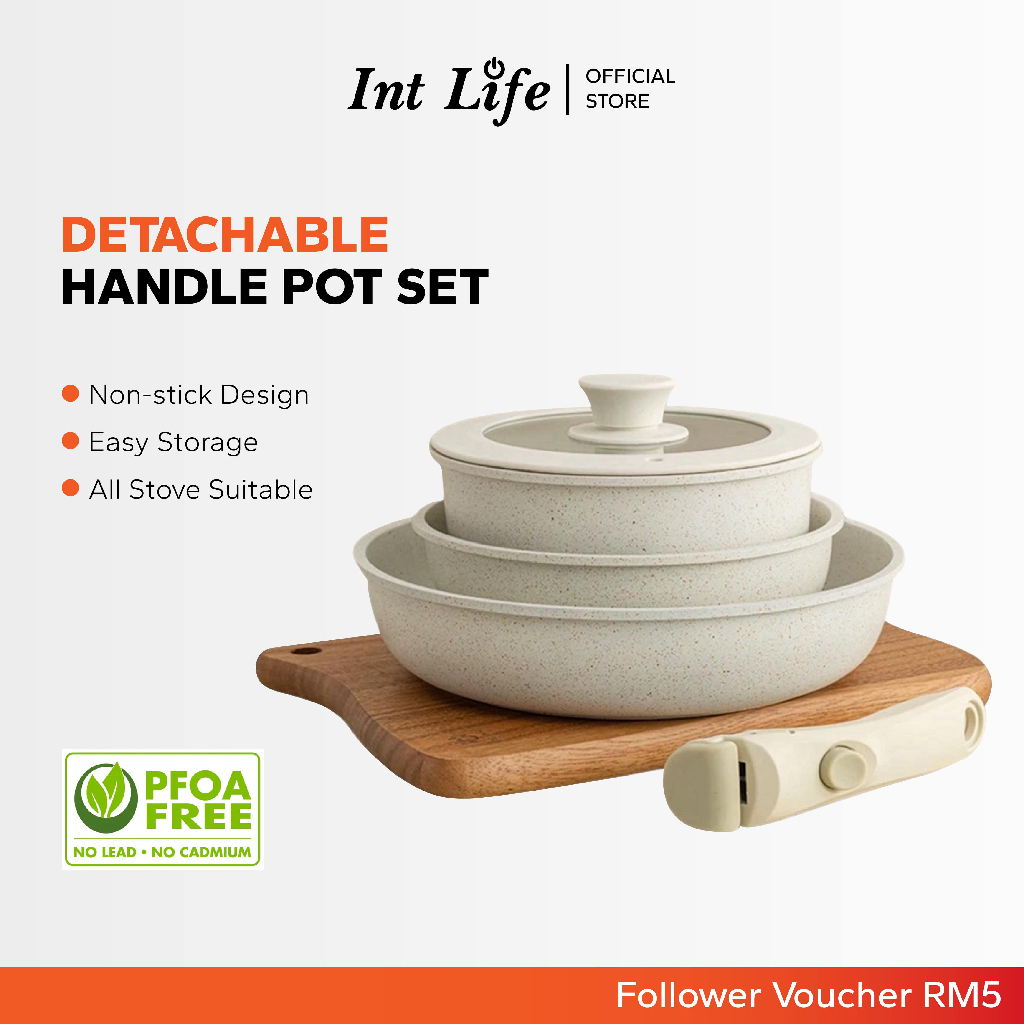 Int Life Nonstick Ceramic Rock Cookware Set (5Pcs) Handle Removable ...