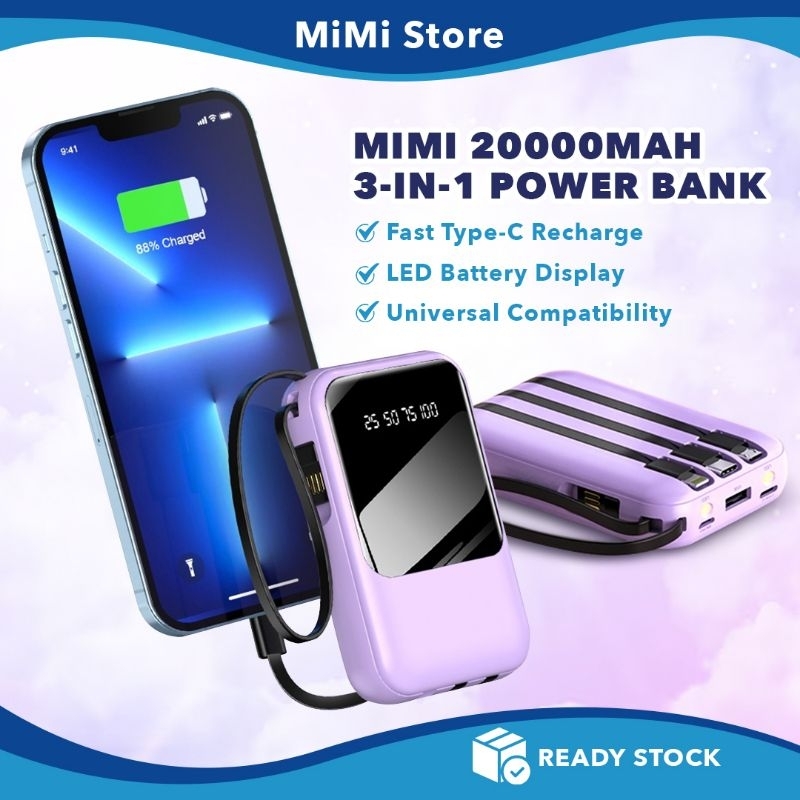MiMi Powerbank 20000mAh Built in 3 Cables Fast charging Digital LED ...