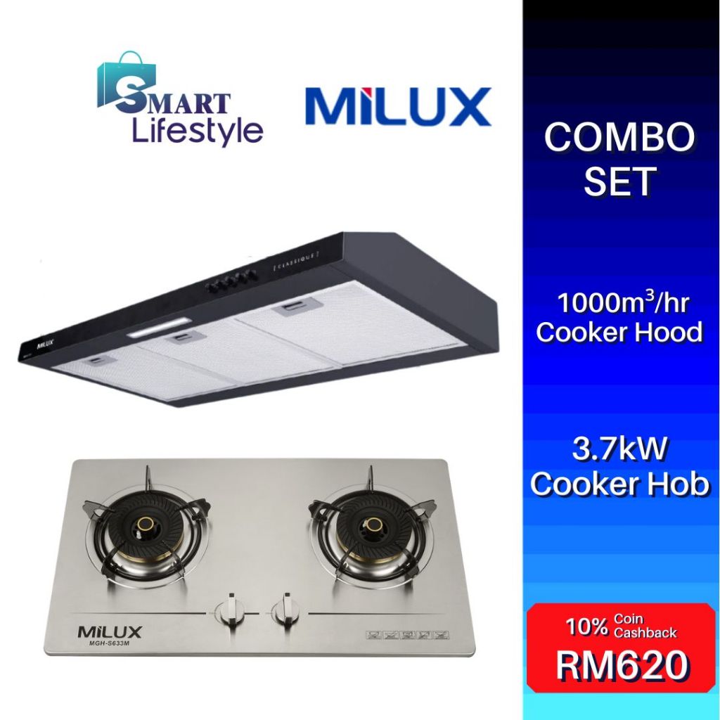 Milux Stainless Steel Cooker Hood MHS-S431 + 2 Burners Cooker Hob MGH ...