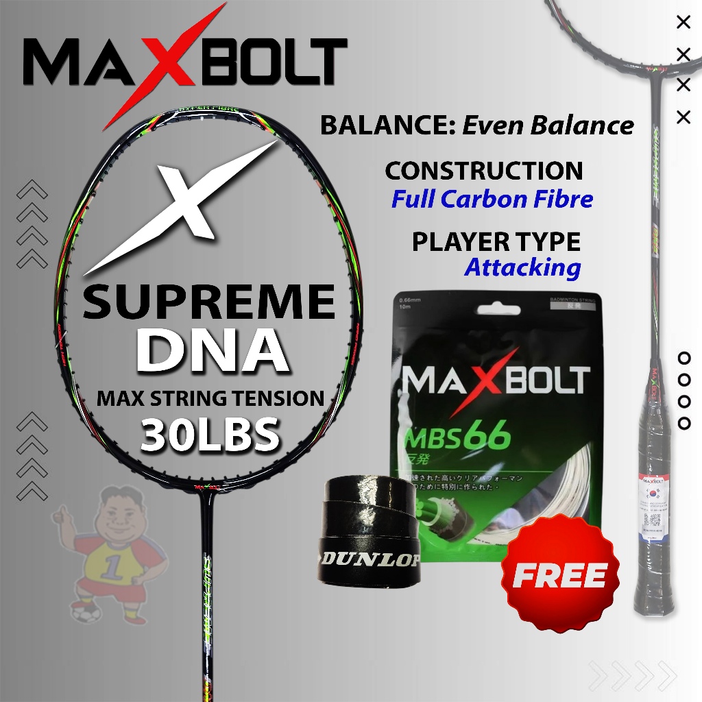Maxbolt Badminton Racket Supreme DNA Green Max Tension 30 lbs (Free ...