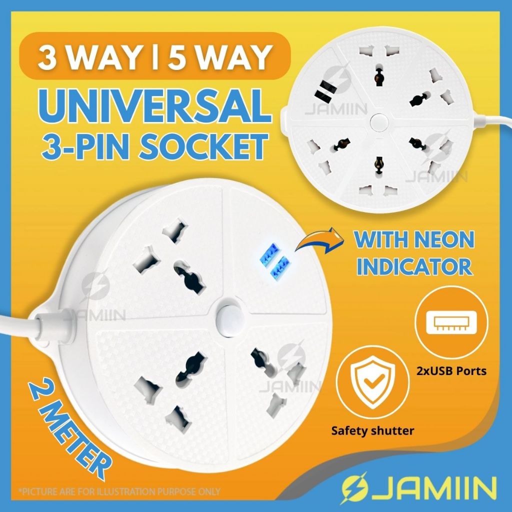 3/5 WAY Universal Plug Extension Plug Wayar Extension 3 Pin Socket USB ...