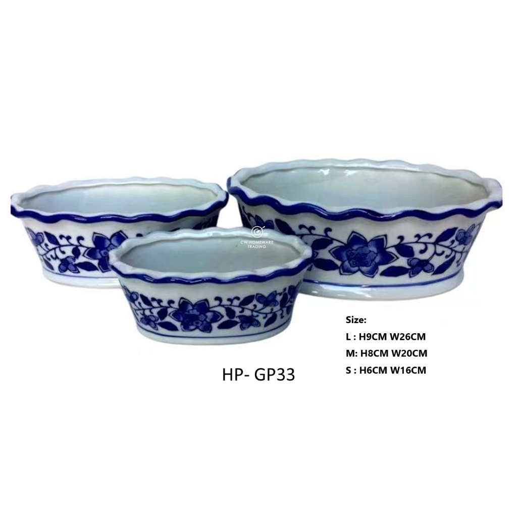 Blue and White Porcelain Ceramic Oval Pot | Porselin Biru dan Putih ...