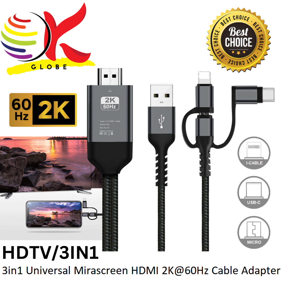 3IN1 UNIVERSAL MIRASCREEN HDMI 2K@60Hz ADAPTER I-CABLE/ANDROID/TYPE-C ...