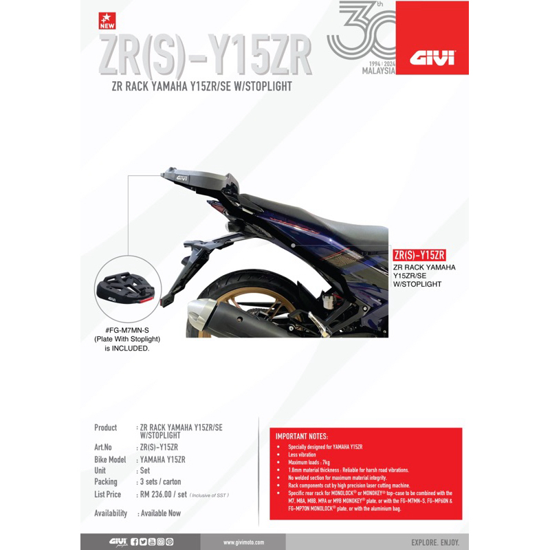 GIVI ZR(S) Y15ZR YAMAHA Y15 V1 V2 Heavy Duty Rack Monorack Original ...