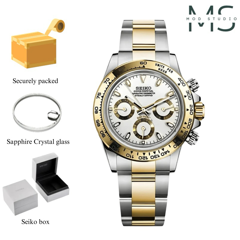 SEIKOLEX SEIKO MOD VK63 PANDA WHITE GOLD STAINLESS STEEL WHITE DIAL PANDA MODIFY WATCH MODIFIED ...