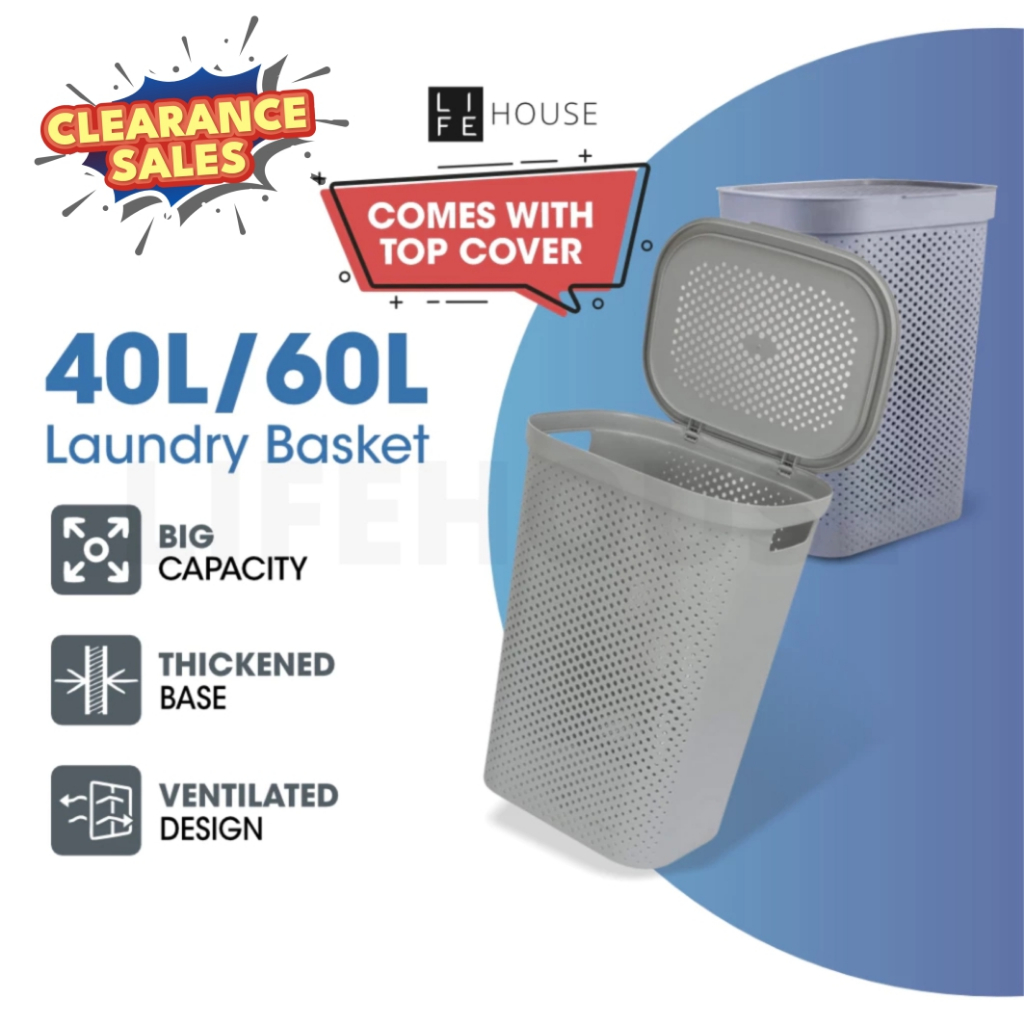 [Clearance] 45L/60L Laundry Basket Japanese Style with Cover Plastic ...