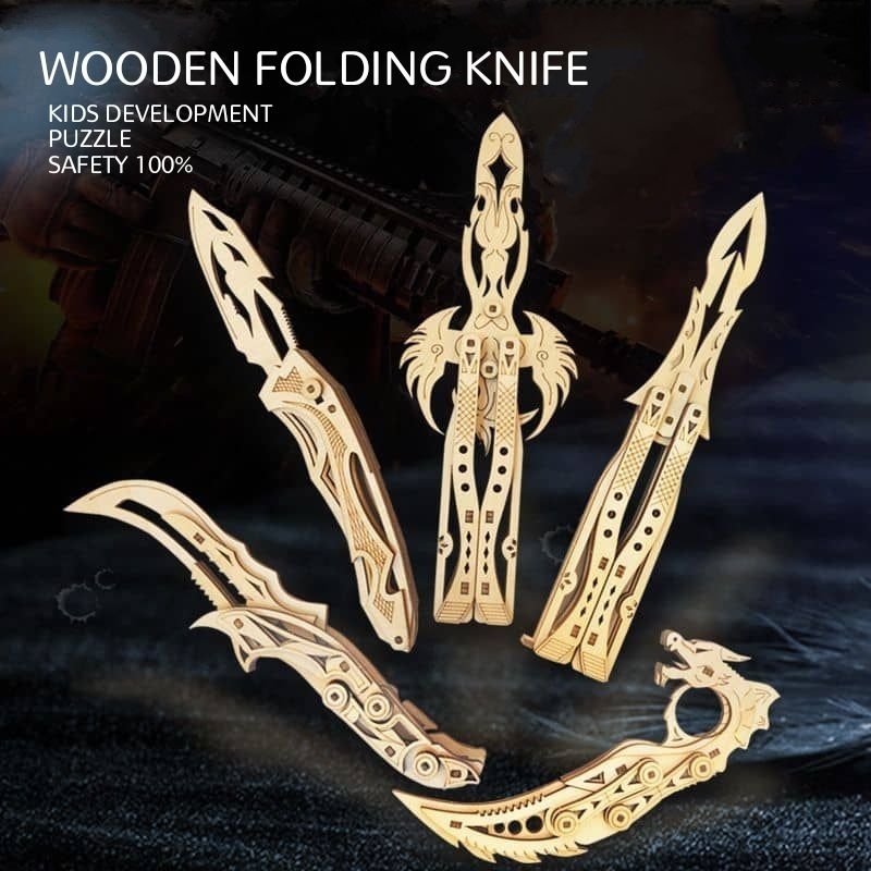 Wooden Knife Sword Butterfly Folding Claws Assembly Puzzle Model Wooden ...