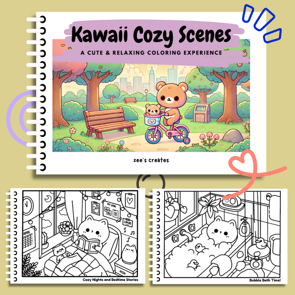 Kawaii Cozy Scenes Coloring Book | 20 Pages | A4 Premium Paper 135gsm ...