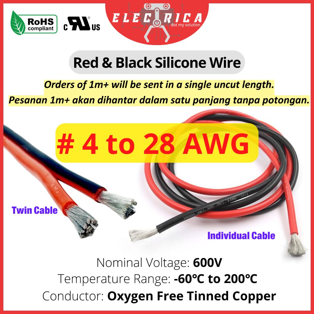 Black & Red High Quality Electronic Wire Oxygen Free Ultra-Soft Flexible Silicone Wire Cable ...