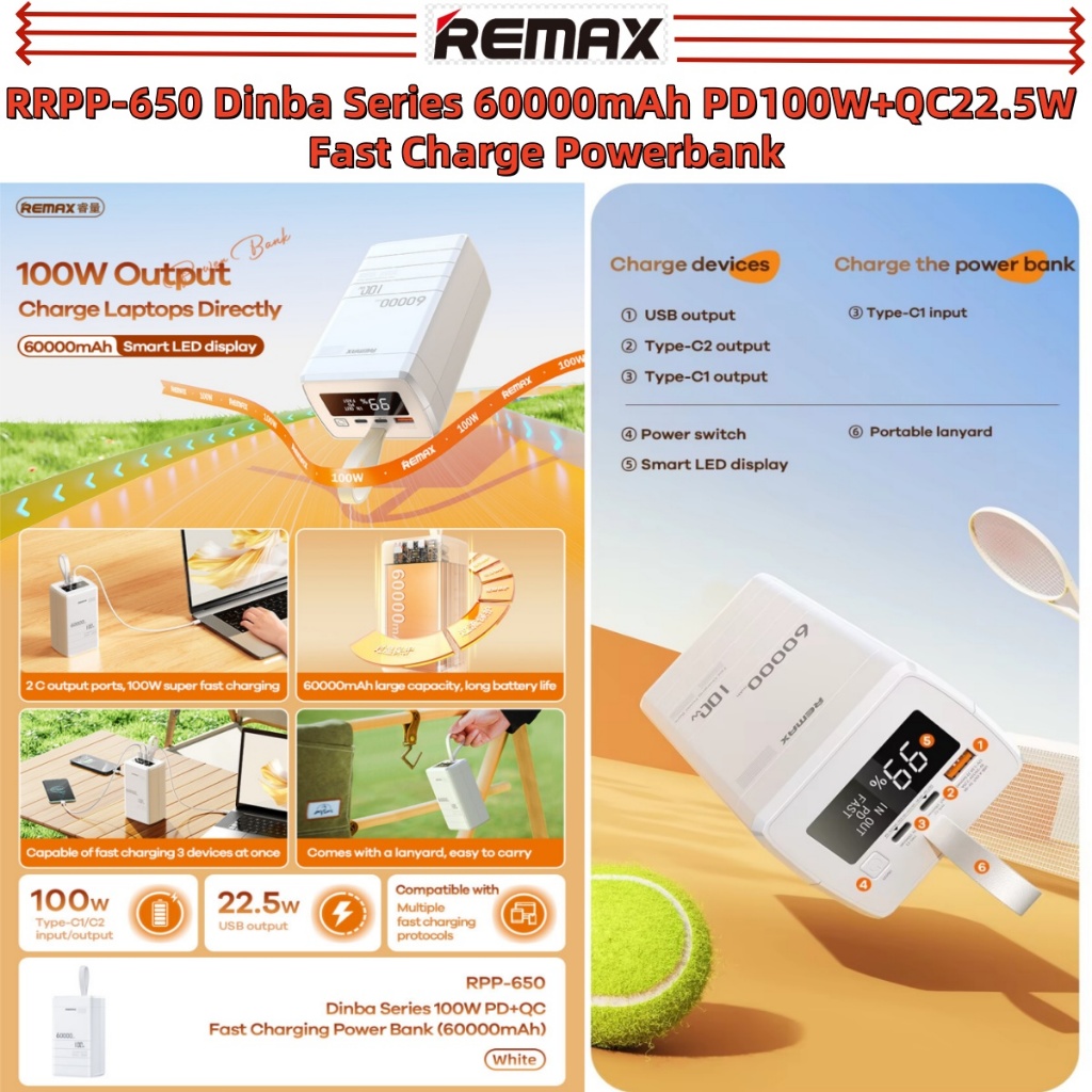 (NO COD) REMAX RPP-650 60000mAh Dinba Series PD100W + QC22.5W Fasy ...