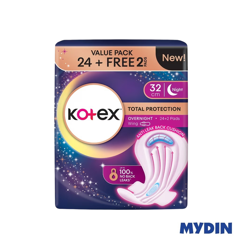 Kotex Total Protection Overnight Wing Pad 32cm (24's + 2's pads) | Shopee Malaysia