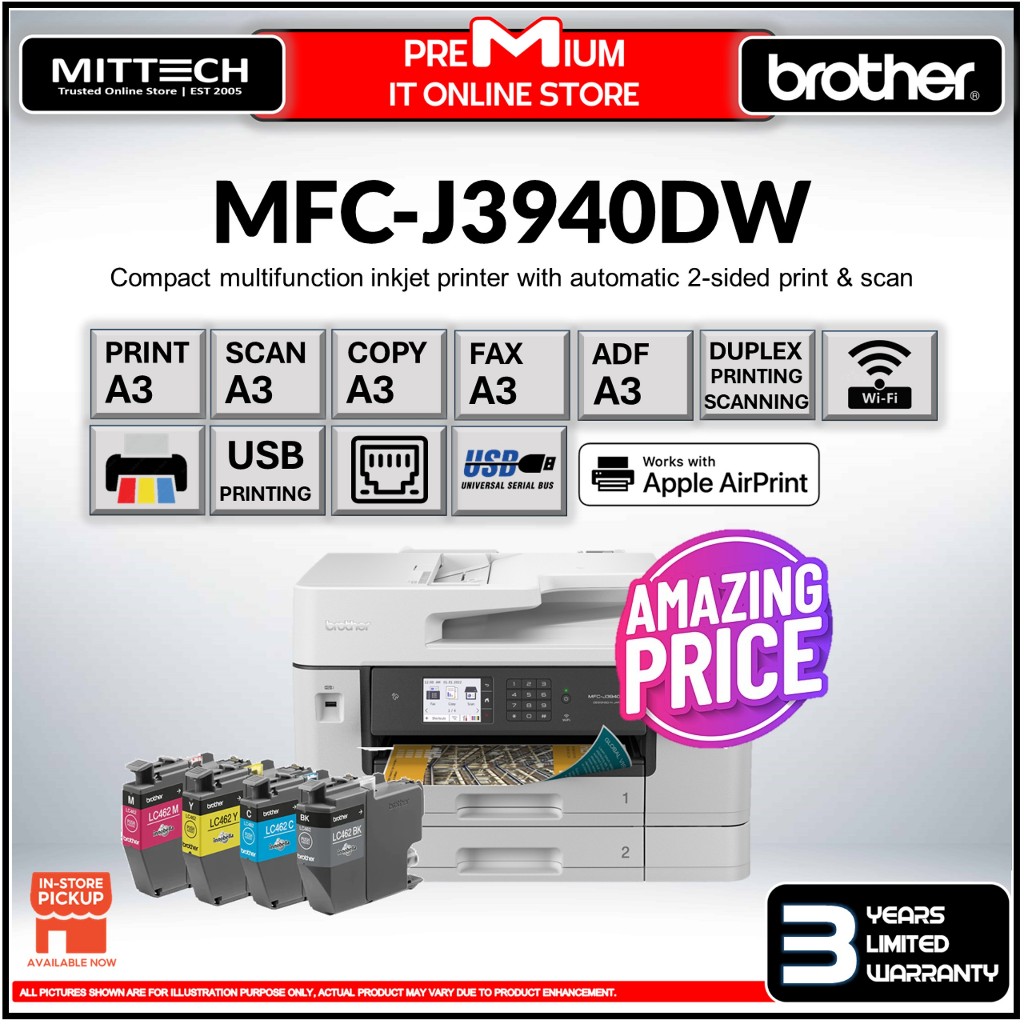 Brother Color Inkjet Printer A3 A4 4in1 Wireless MFC-J3940DW | ADF ...