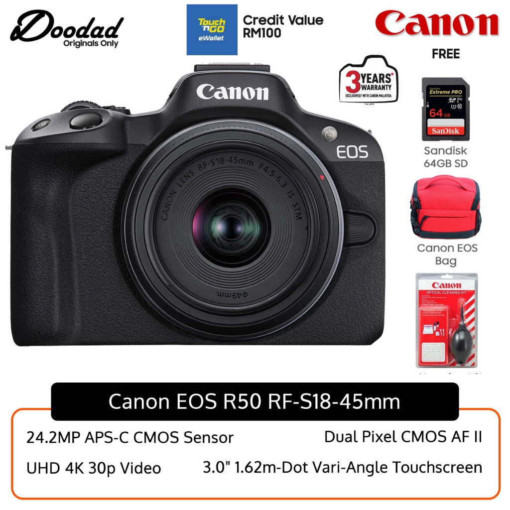 Canon EOS R50 Kit RF-S18-45mm f/4.5-6.3 IS STM + Bag + 64GB + Cleaning ...