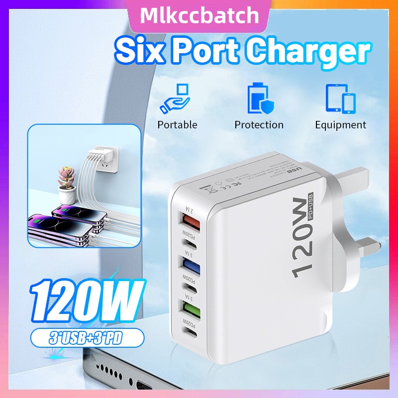 120w Fast Charger Adapter USB Type C Charger Adapter Dual Ports 3A+3C ...