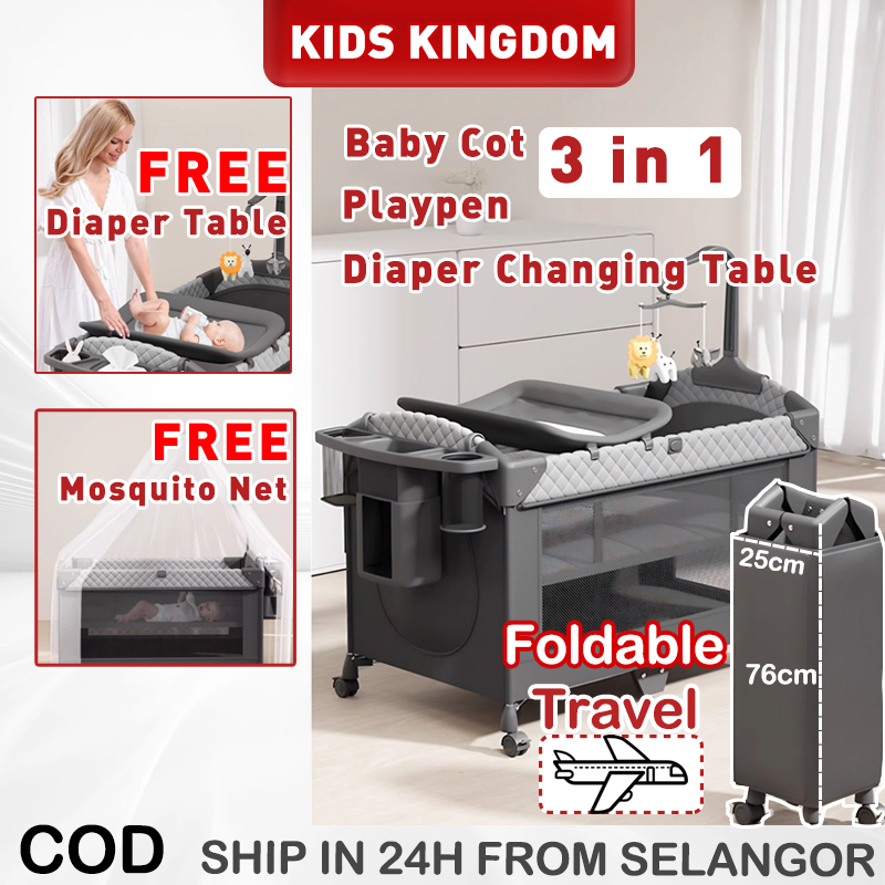 🔥Free Diaper Table🔥Foldable Baby Cot Portable Bed Playpen Travel Cot ...