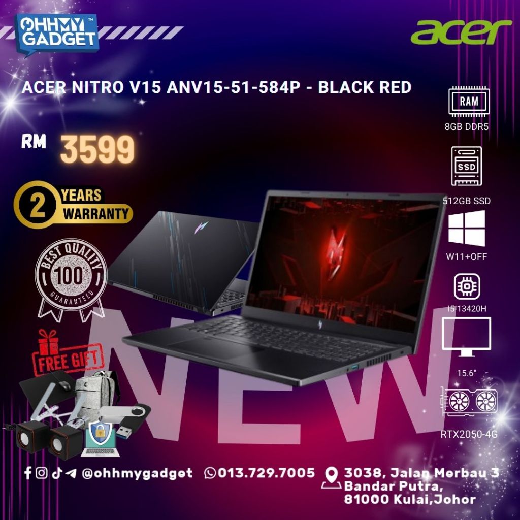 Acer Nitro V 15 ANV15-51-58GB 15.6" FHD 165Hz Laptop ( i5-13420H, 8GB, 512GB SSD, RTX2050 4GB ...
