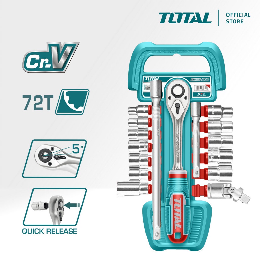 TOTAL Socket Set- Quick Release Ratchet Handle +Extension Bar +Spark Plug Socket +Universal ...