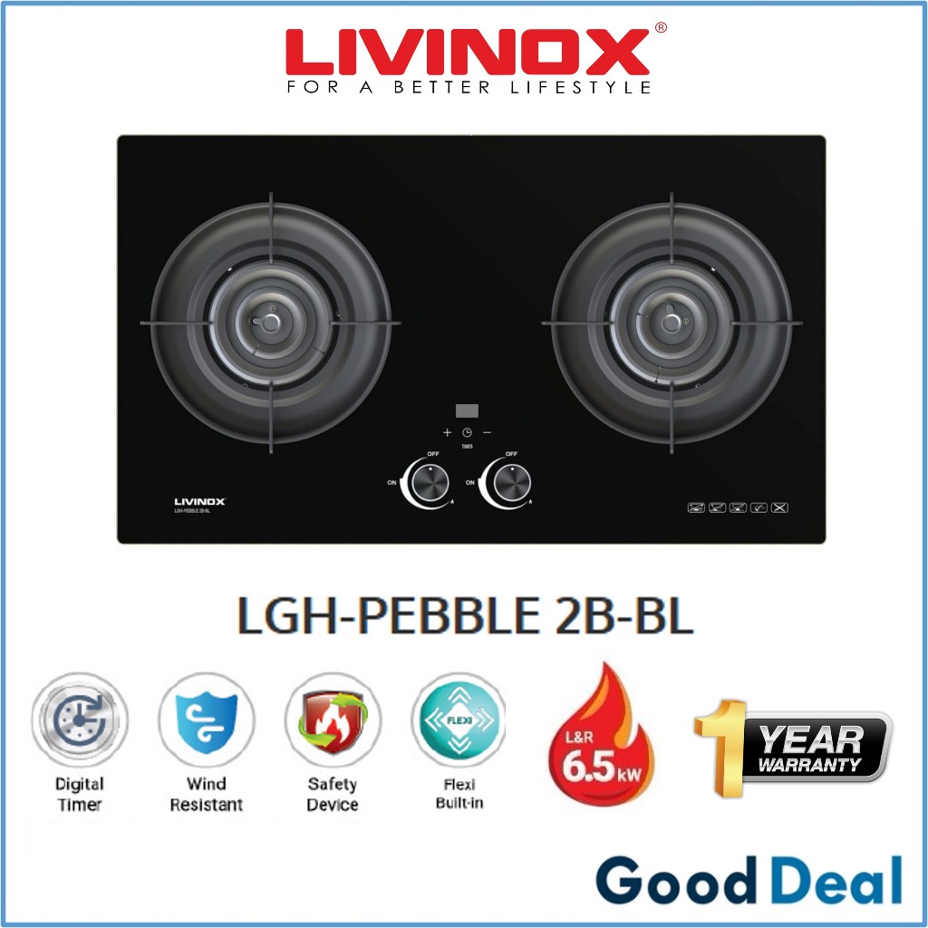 Livinox LGH-PEBBLE-2B-BL 2 Burners Built In Tempered Glass Gas Cooker ...