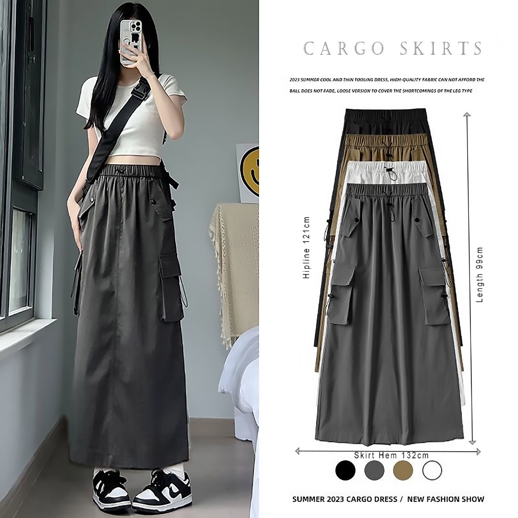 cargo skirts Casual Plain Drawstring Pocket Skirts Rok Saku Tali Serut ...