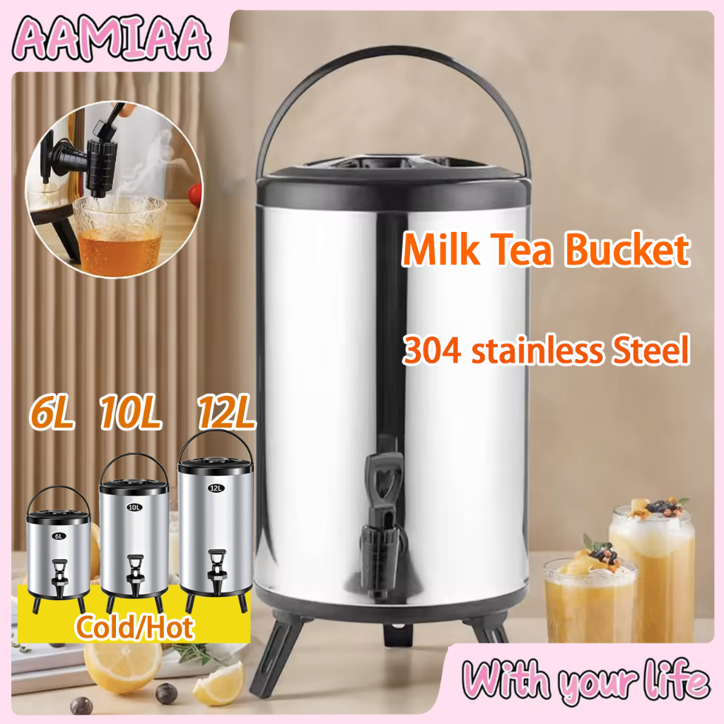 Stainless Steel Milk Tea Bucket Hot/Cold Dispenser with Faucet, Thermos Water Jug for Bubble Tea ...