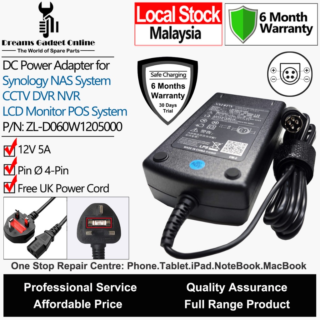 Switching Power Adapter ZL-D060W1205000 12V 5A 4-Pin Synology NAS POS ...
