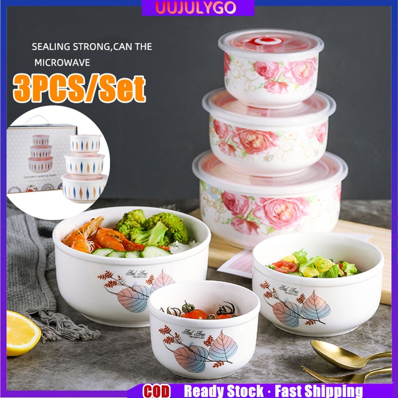 3PCS/Set Microwave Heating Bowl Set Ceramic Bowl with Lid Large Fresh ...