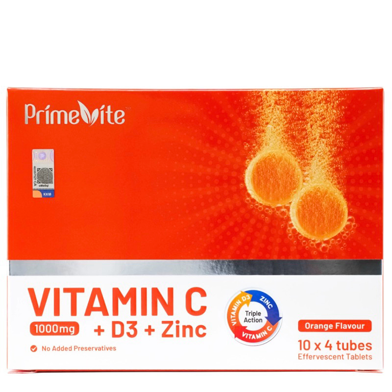 PrimeVite Vitamin C 1000mg + Vitamin D3 + Zinc Effervescent (40 Tablets ...