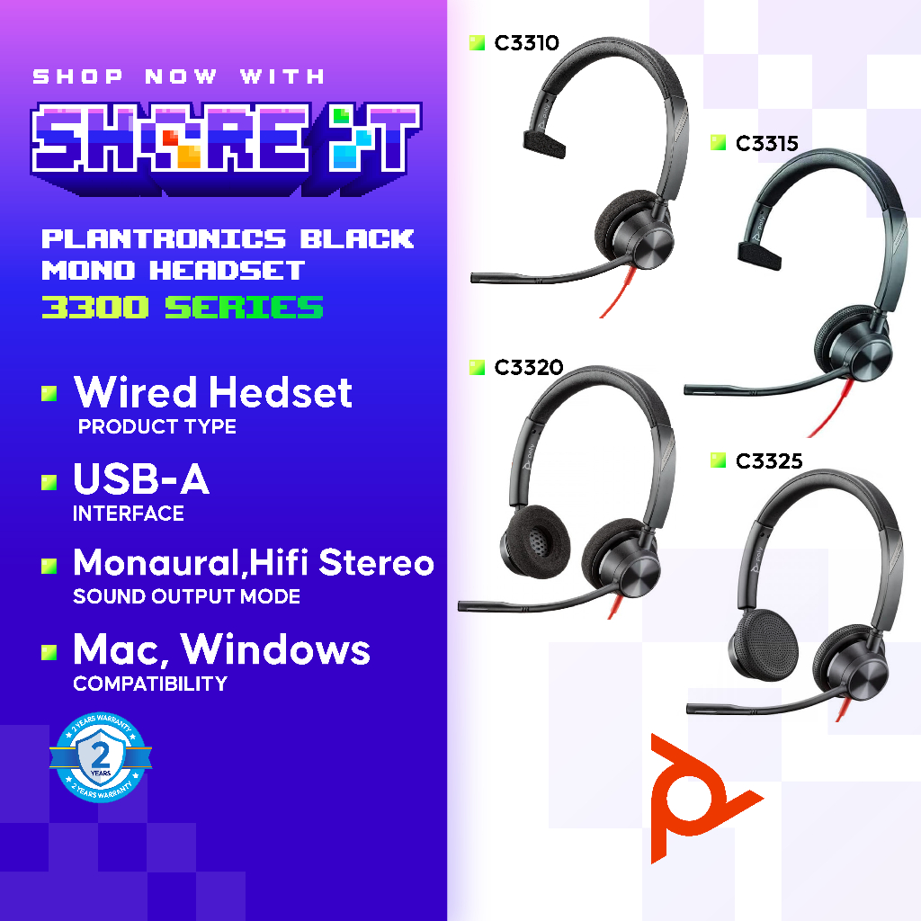 POLY Plantronics Blackwire 3300 Series USB-A & USB-C Monaural Stereo ...