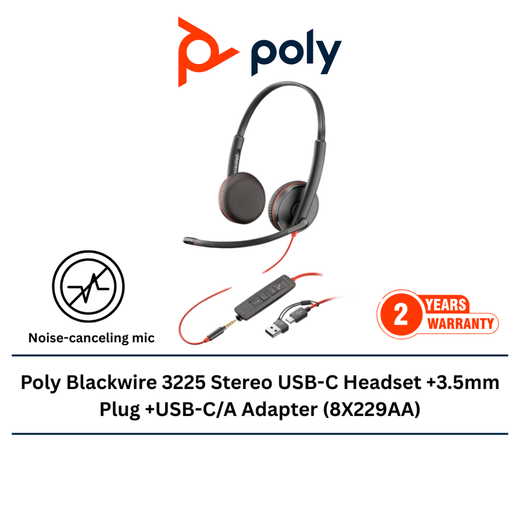 Poly Blackwire 3225 Stereo USB-C Headset +3.5mm Plug +USB-C/A Adapter ...