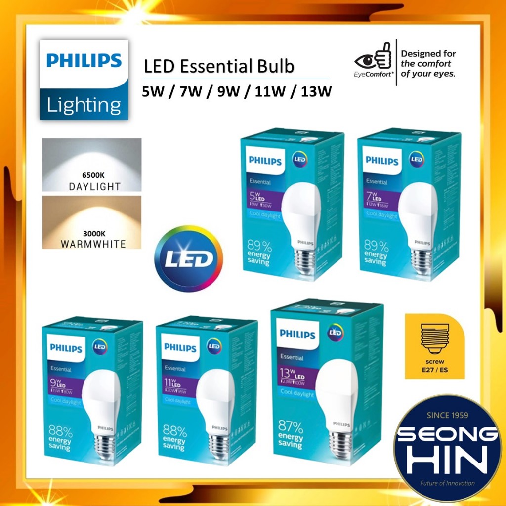 Philips 5w 7w 9w 11w 13w Essential LED Bulb E27 6500k Daylight 3000K Warmwhite Mentol LED ...