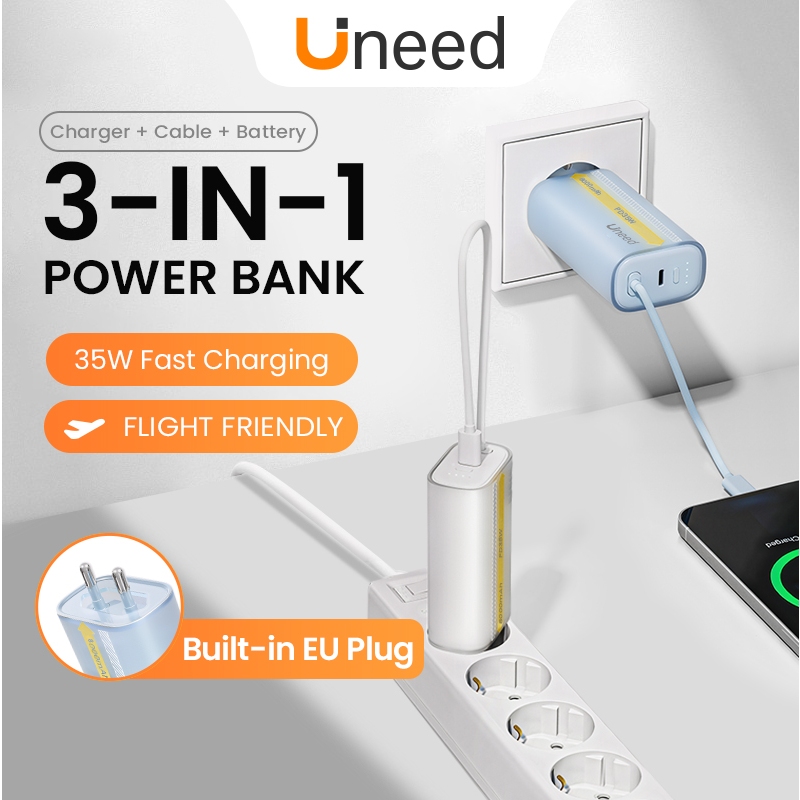 UNEED Power Bank 35W Fast Charging 8000mAh Original Mini Portable Powerbank with AC Plug for iP ...