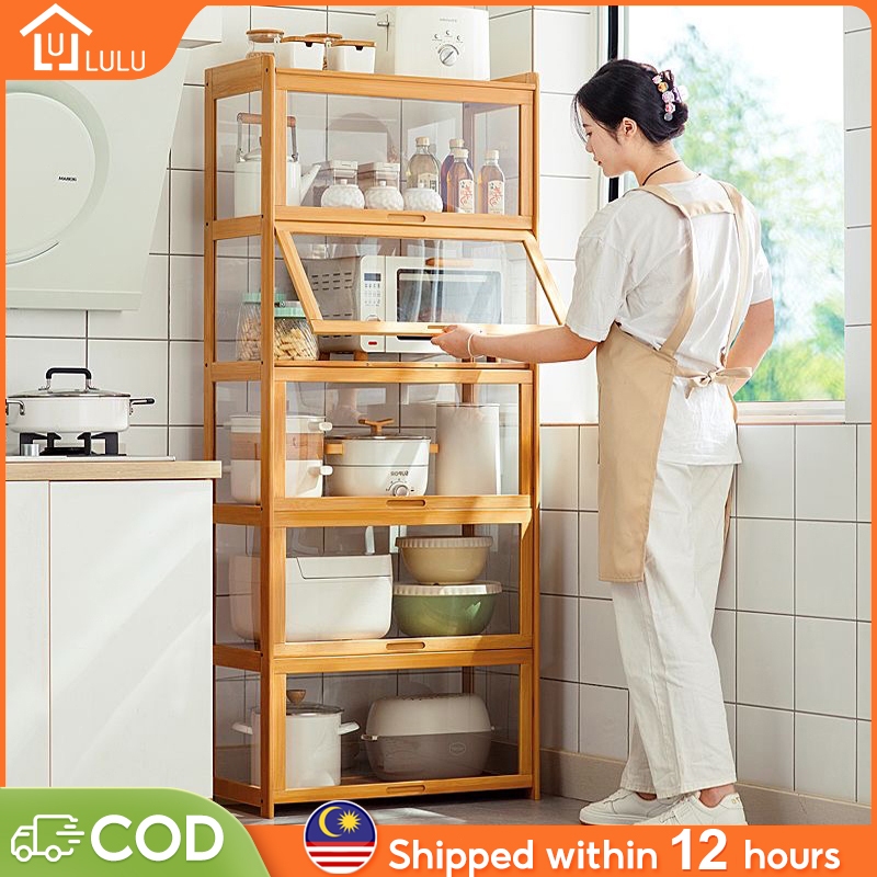 Kitchen Storage Rack Bamboo Multi-layer Storage Shelves with Flip Door ...