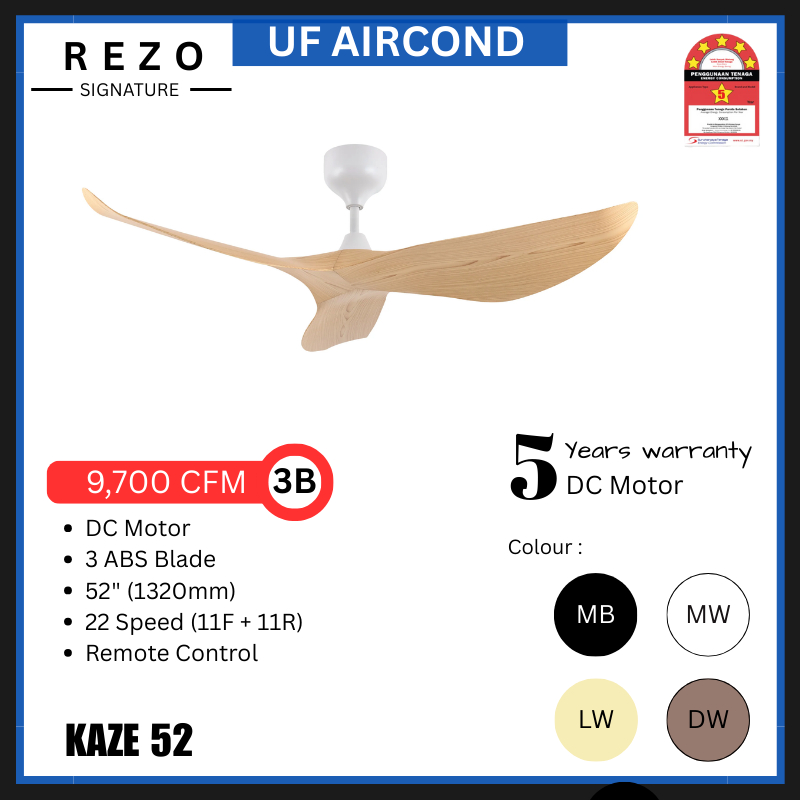 REZO CEILING FAN SIGNATURE SERIES KAZE 52", DC MOTOR, 3 ABS BLADE, 18 ...