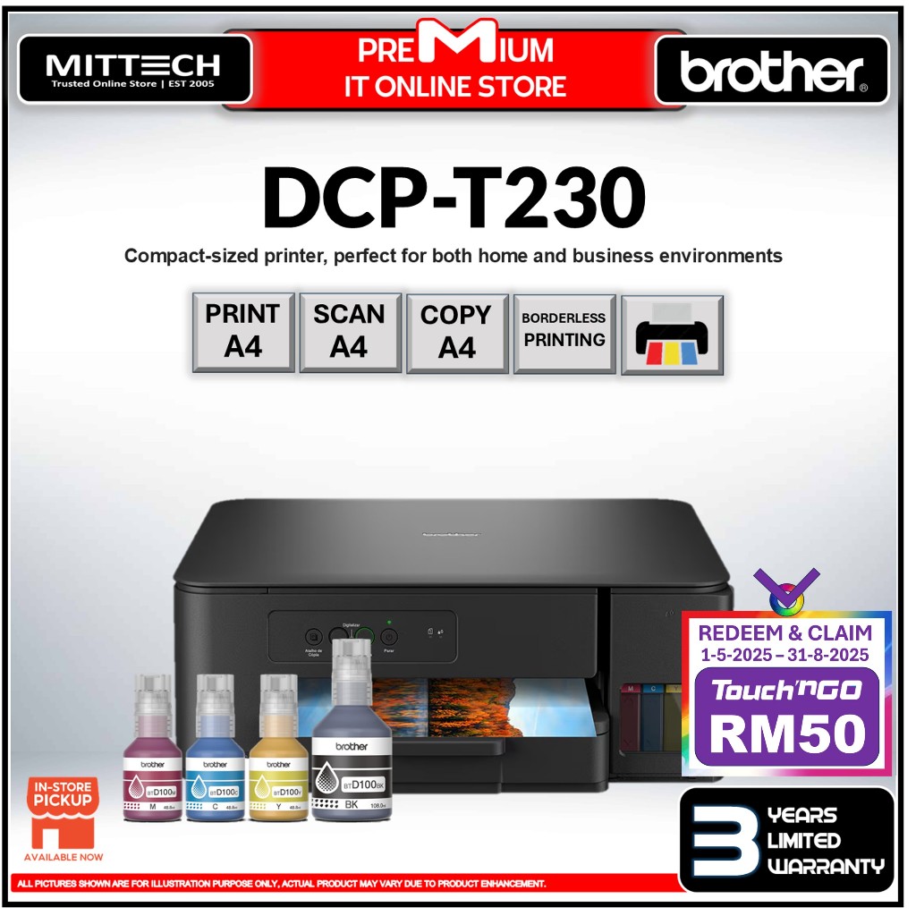 Brother Colour Inkjet Refillable Ink Tank Printer A4 3in1 DCP-T230 ...