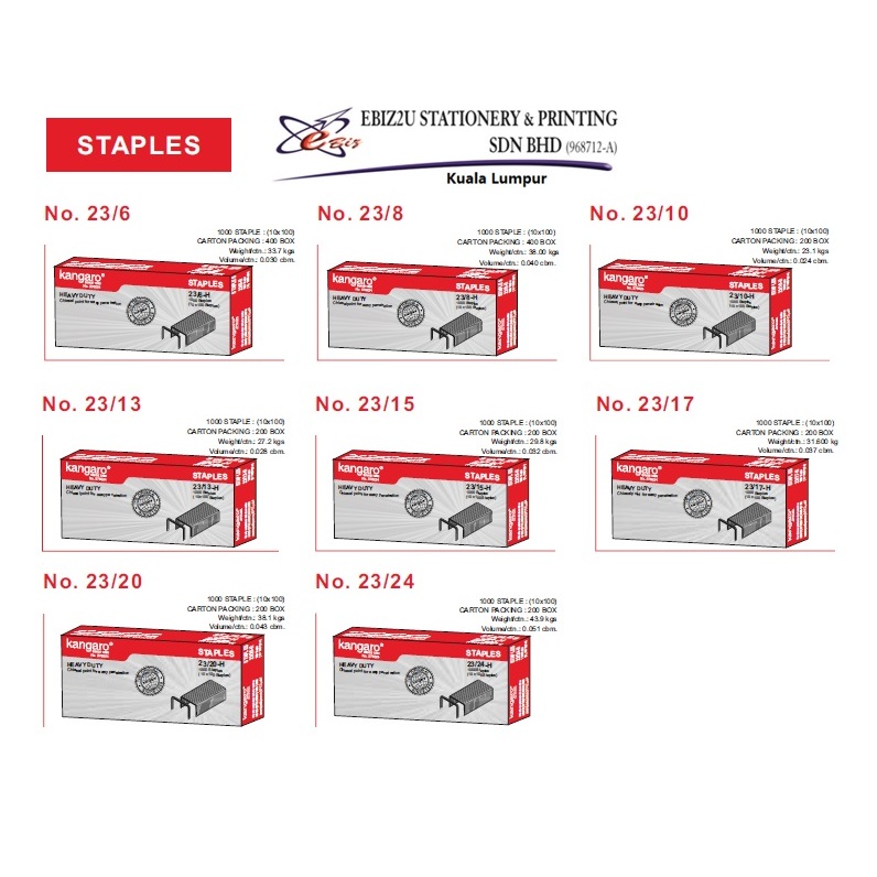 Kangaro Staples 23/6, 23/8, 23/10, 23/13 & 23/15 staples bullet ...