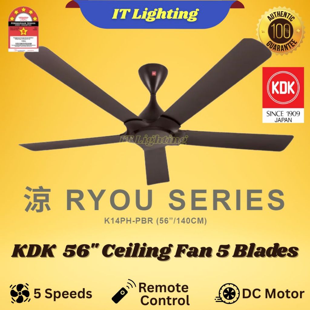 KDK Ceiling Fan 56" K14PH-PBR Remote control 5 ABS blades DC motor 5 ...