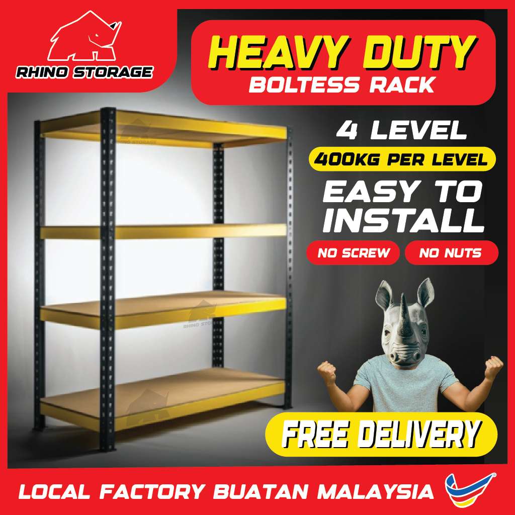 RHINO STORAGE BLACK YELLOW 4 Level Boltless Rack Heavy Duty Rak Besi ...