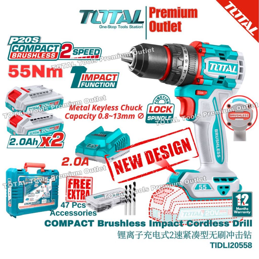 TOTAL Tools 55Nm BL motor compact cordless impact drill w/47 pcs ...