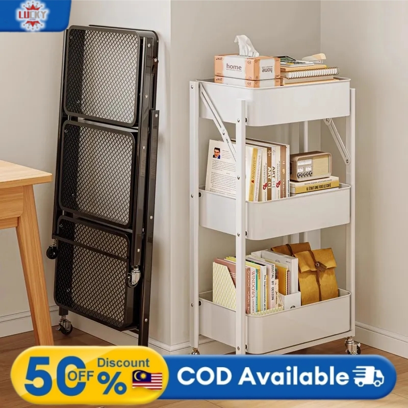 100% Steel 3 Tier Foldable Metal Trolley Multifunction Storage Rack ...