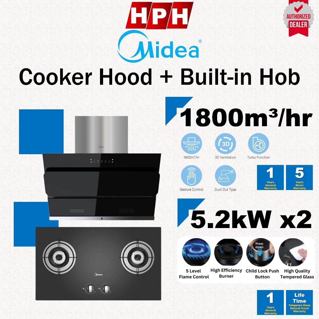 Midea 1800m³/hr Cooker Hood + Built-in Gas Stove MGH-76Q60B 5.2kW | Shopee Malaysia