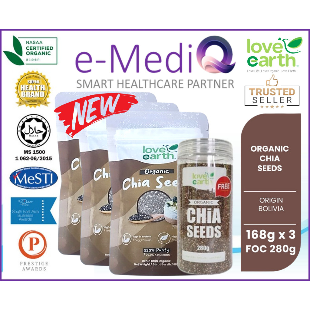 Love Earth Organic Chia Seeds 168g x 3 Packs (FOC 280g Bottle) Promo ...