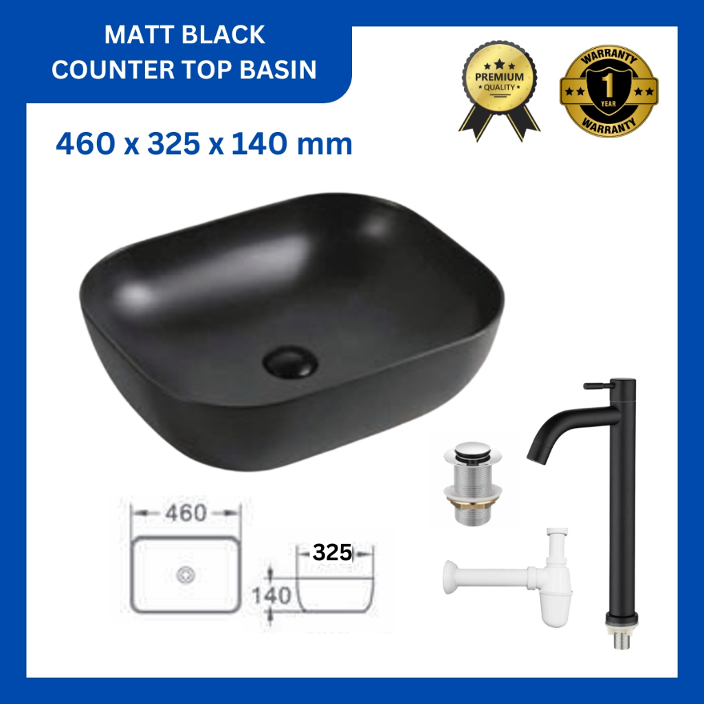 460mm Premium Bathroom Matt Black Round Rectangular Ceramic Counter Top ...
