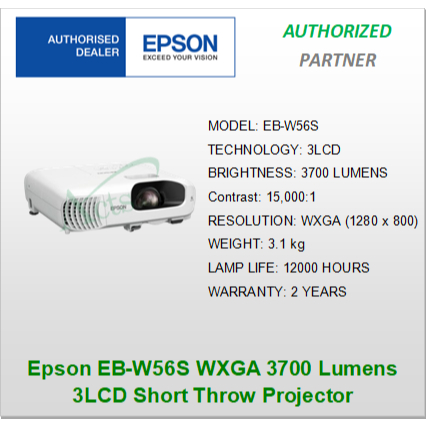Epson EB-W56S WXGA 3700 Lumens 3LCD Short Throw Projector | Shopee Malaysia