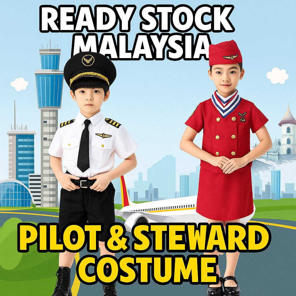 (Ready Stock) Kids Pilot & Steward Costume Set Captain Flight Attendant Aircraft Juruterbang ...