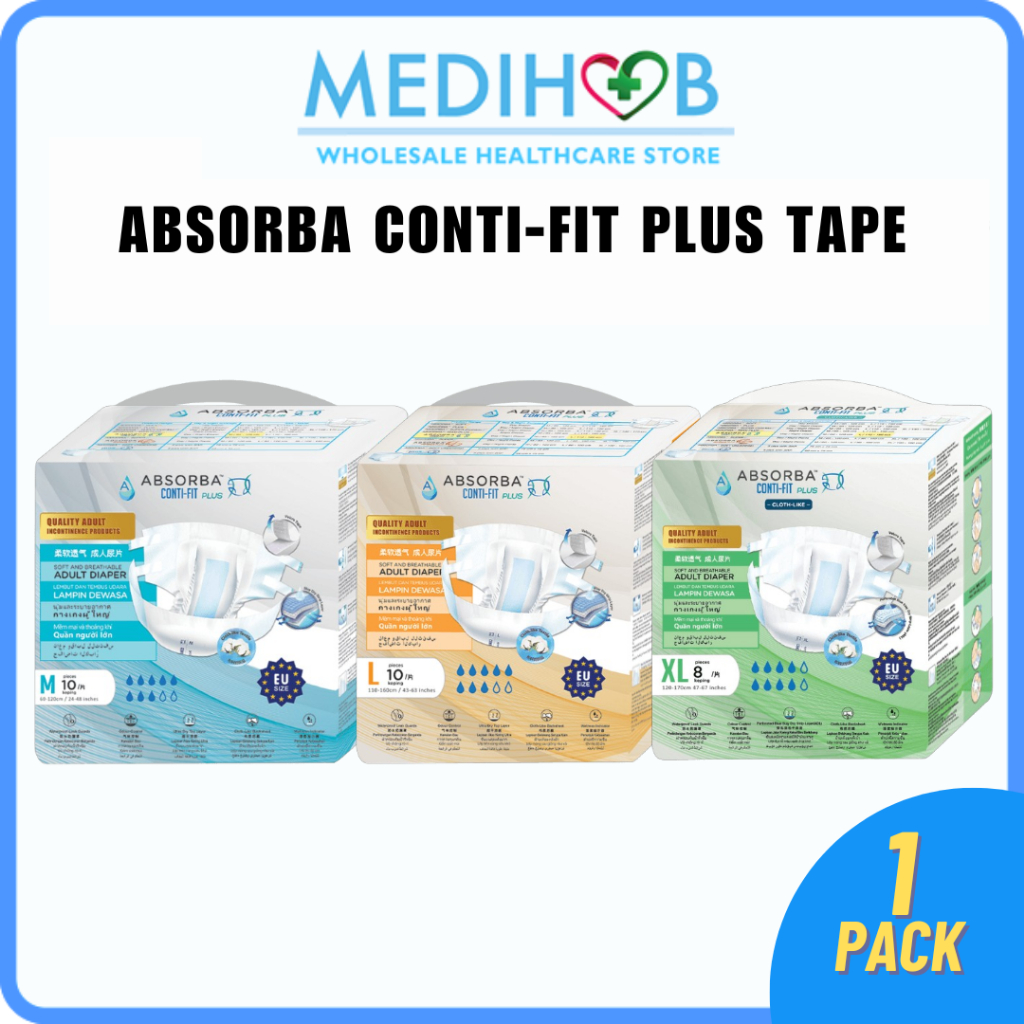 Absorba Conti-Fit Plus Tape Adult Diapers 10s (M10/L10/XL8) I Soft ...